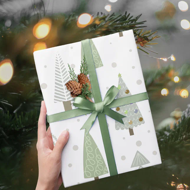 Modern Christmas Trees Sage Olive Green Pattern Wrapping Paper | Zazzle