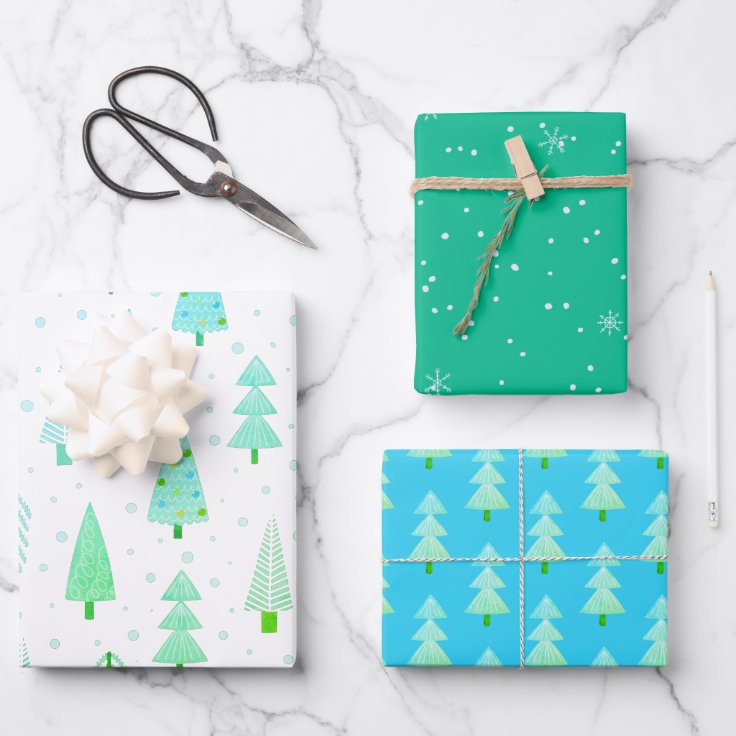 Modern Christmas Trees Turquoise Blue Pattern Trio Wrapping Paper ...