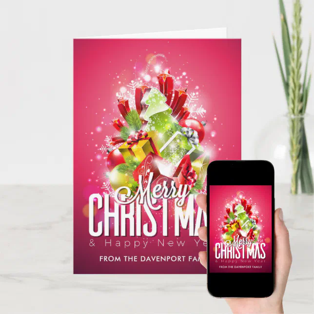 Modern Christmas Wrapped Presents & Tree - Festive Card | Zazzle
