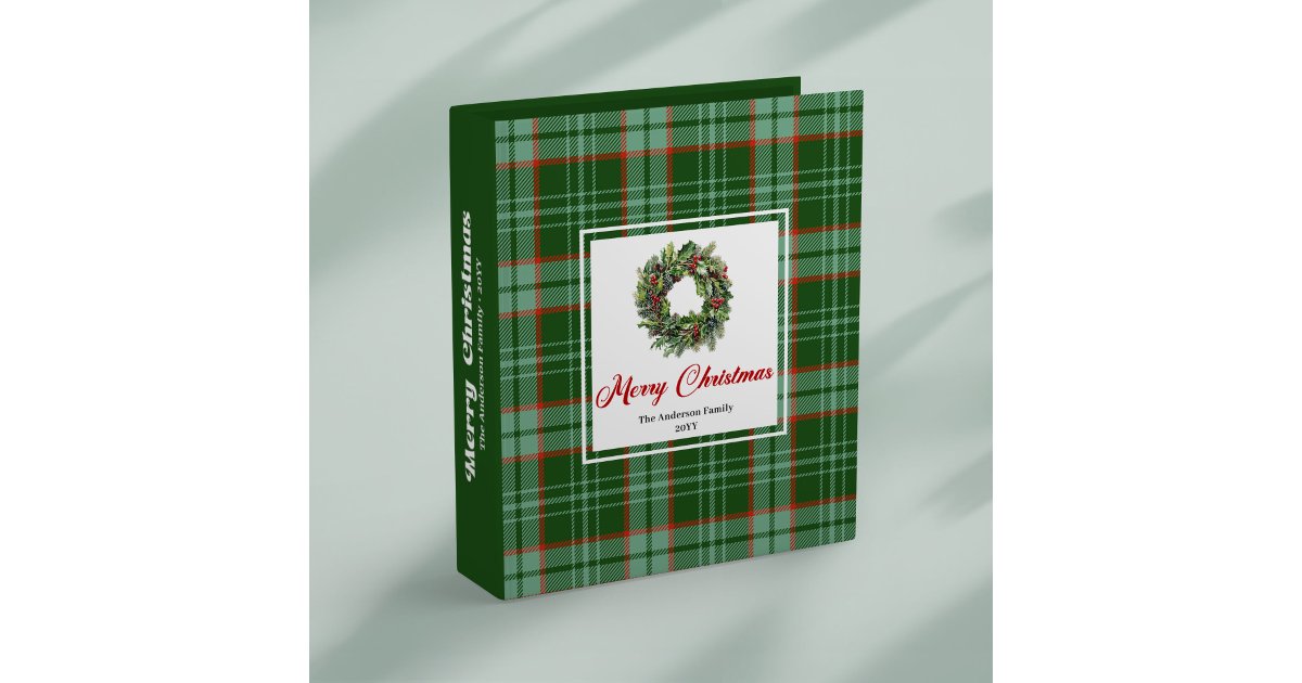 Modern Christmas wreath with red green plaid album 3 Ring Binder | Zazzle