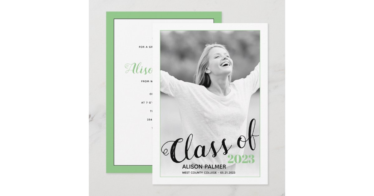 Modern Class of 2023 script sage green photo Invitation | Zazzle