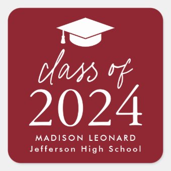 Modern Class of 2024 Script Burgundy Graduation Square Sticker | Zazzle