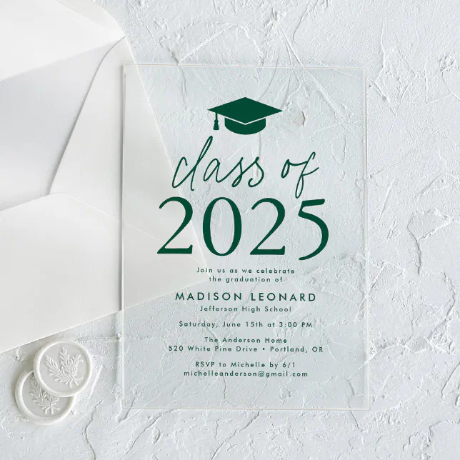 Modern Class of 2025 Green Graduation Party Acrylic Invitations | Zazzle