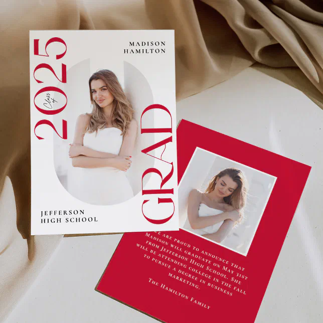 Modern Class of 2025 Red Grad 2 Photo Graduation Announcement | Zazzle