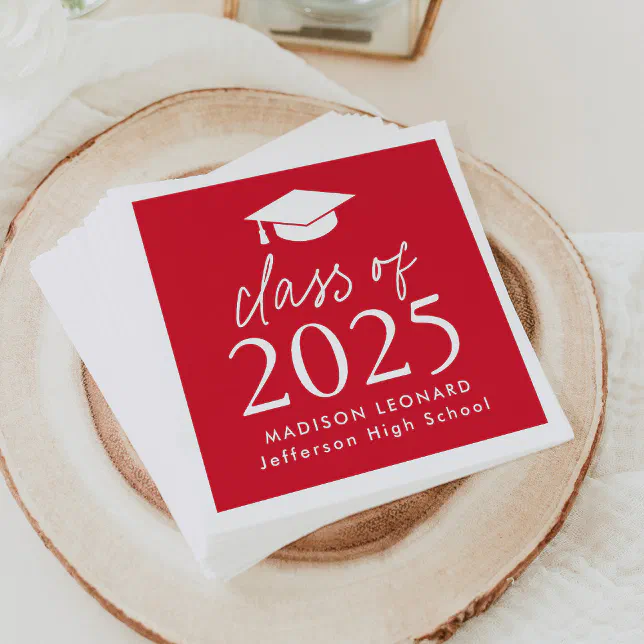 Modern Class of 2025 Script Red Graduation Napkins | Zazzle
