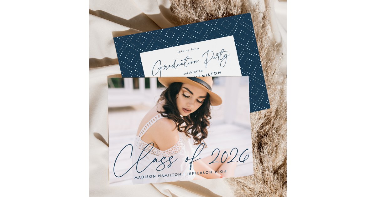 Modern Class of 2026 Navy Script Graduation Party Invitation | Zazzle