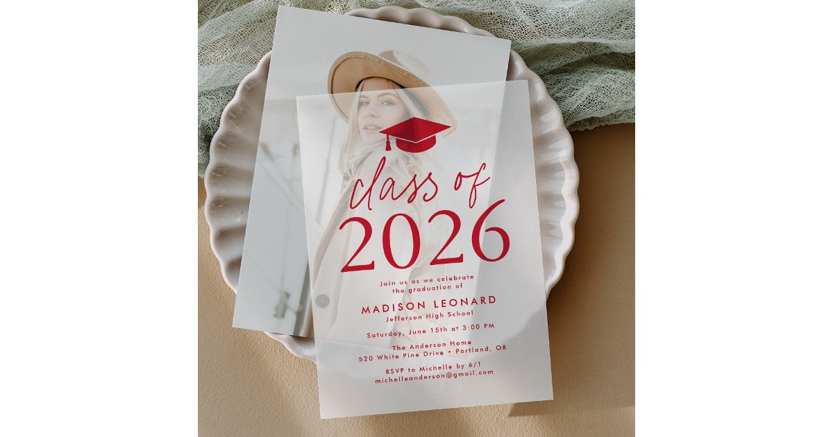 Modern Class of 2026 Red Graduation Party Vellum Invitations | Zazzle