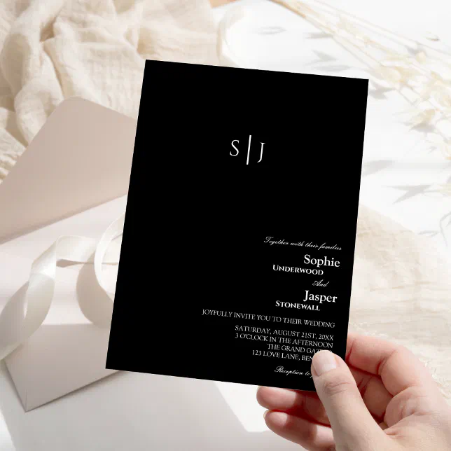 Modern Classic Black Monogram Wedding Invitation | Zazzle