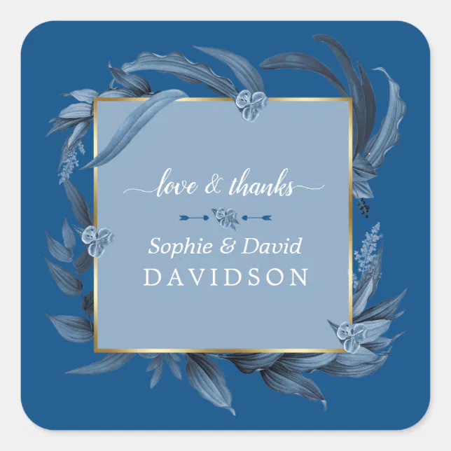 Modern Classic Blue Leaves Geometric Gold Wedding Square Sticker | Zazzle