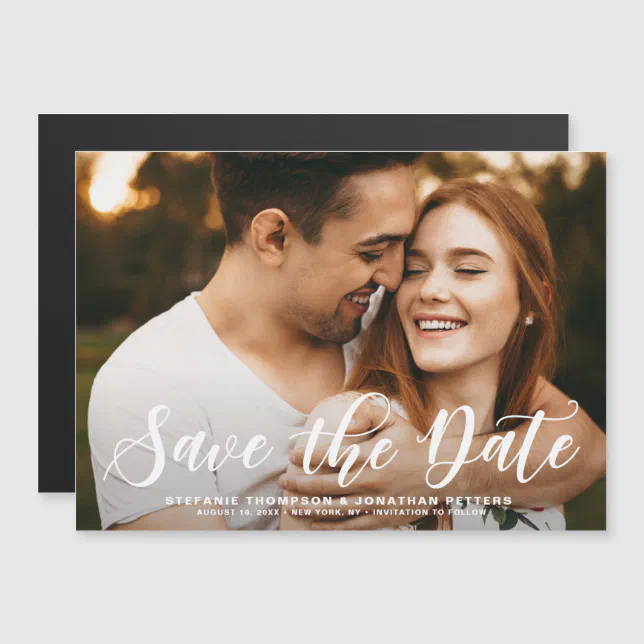 Modern Classic Calligraphy Save the Date Photo Magnetic Invitation | Zazzle