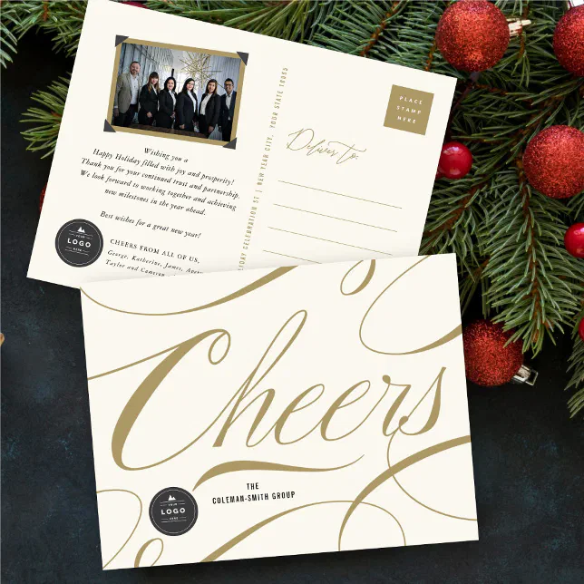 Modern Classic Cheers Calligraphy Elegant Business Holiday Postcard ...