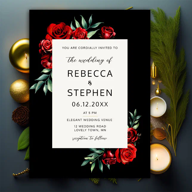Modern Classic Red Rose Black Floral Frame Wedding Invitation | Zazzle