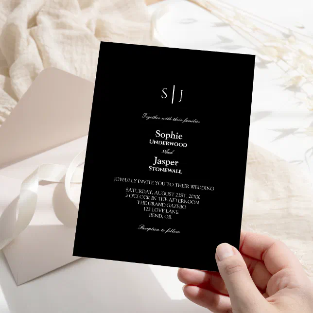 Modern Classic Simple Black Monogram Wedding Invitation | Zazzle