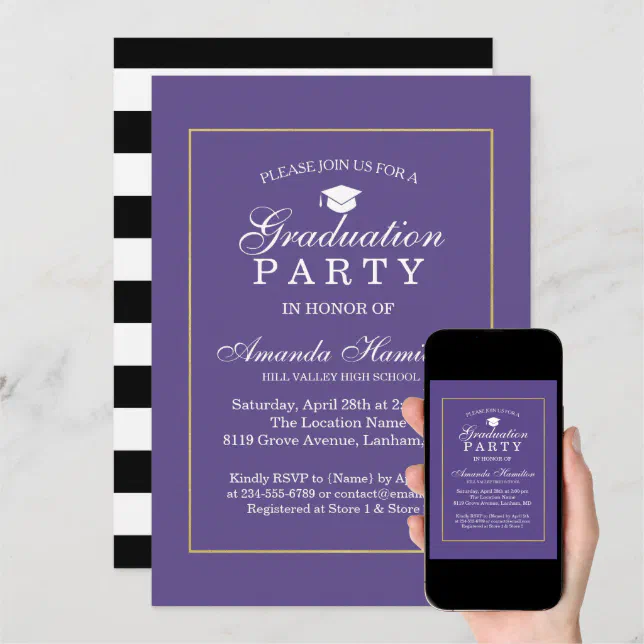Modern Classic Ultra violet gold Frame Graduation Invitation | Zazzle