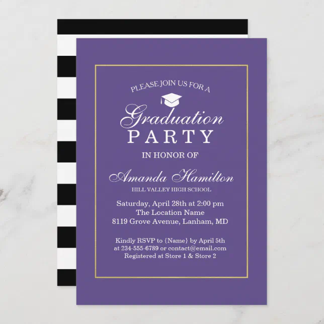 Modern Classic Ultra violet gold Frame Graduation Invitation | Zazzle