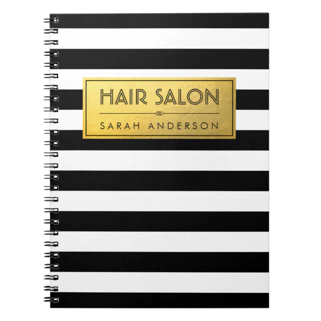 Modern Classy Gold Label and Black White Stripes Notebook | Zazzle
