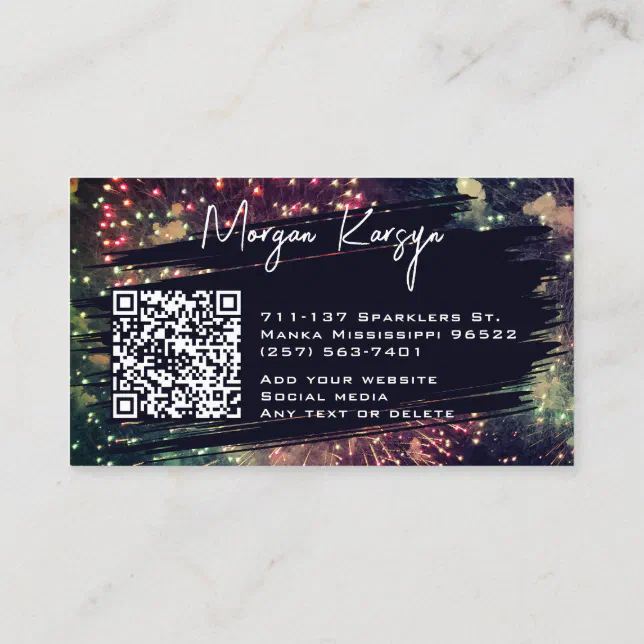 Modern Classy Typography Custom QR Code Fireworks Business Card | Zazzle