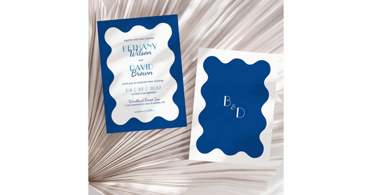 Modern Coastal Blue Wave Scallop Monogram Wedding Invitation | Zazzle