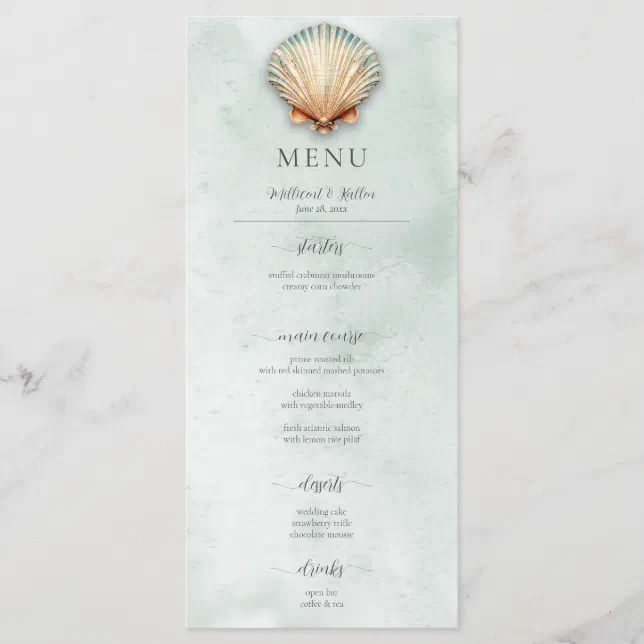 Modern Coastal Seashell Aqua Wedding Menu | Zazzle