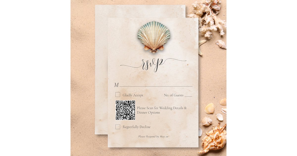 Modern Coastal Seashell Sand Wedding QR Code RSVP Card | Zazzle