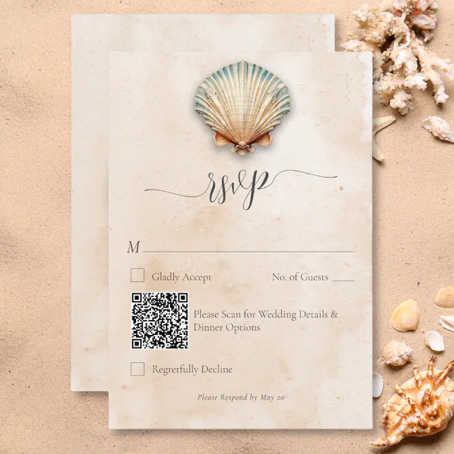 Modern Coastal Seashell Sand Wedding QR Code RSVP Card | Zazzle