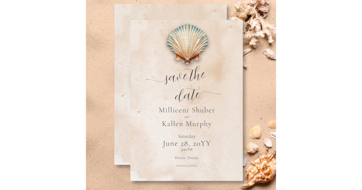 Modern Coastal Seashell Sand Wedding Save The Date | Zazzle