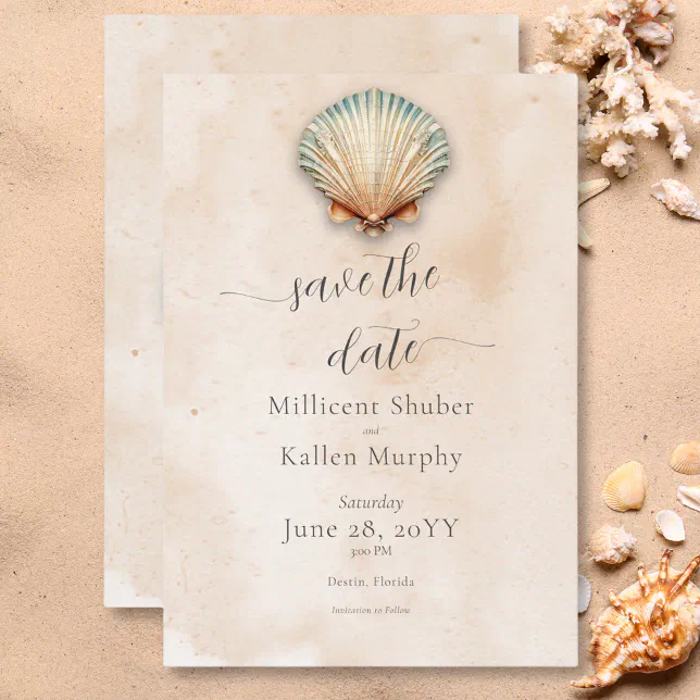 Modern Coastal Seashell Sand Wedding Save The Date | Zazzle