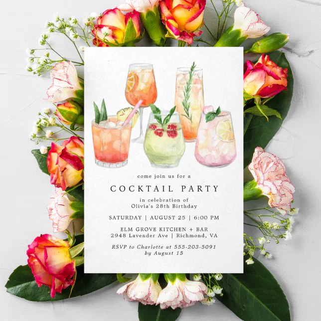 Modern Cocktail Party | Cute Girly Womens Birthday Invitation | Zazzle
