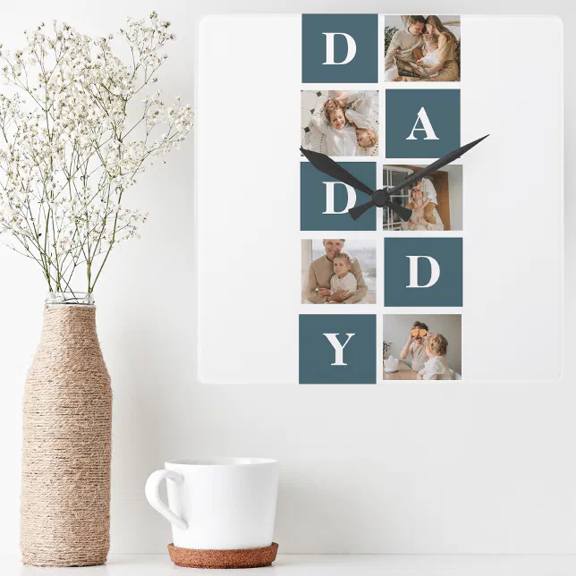 Modern Collage Fathers Photo & Green Daddy Gifts Square Wall Clock | Zazzle