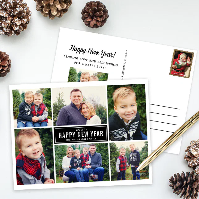 Modern Collage Happy New Year Photo Holiday Postcard | Zazzle