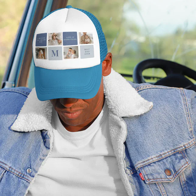 Modern Collage Photo & Blue Happy Fathers Day Gift Trucker Hat | Zazzle