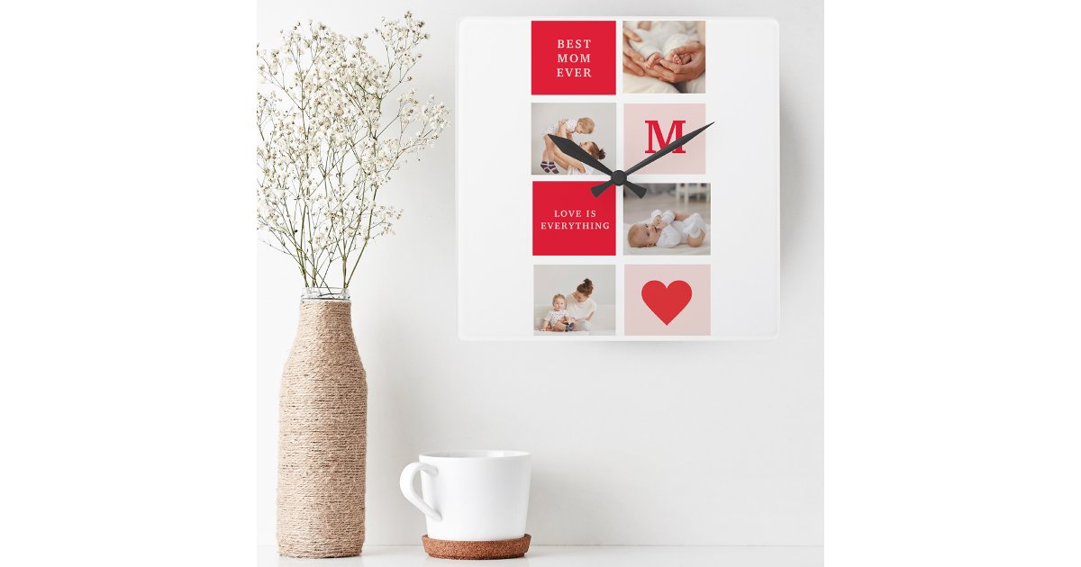 Modern Collage Photo Red & Pink Best Mom Ever Gift Square Wall Clock ...
