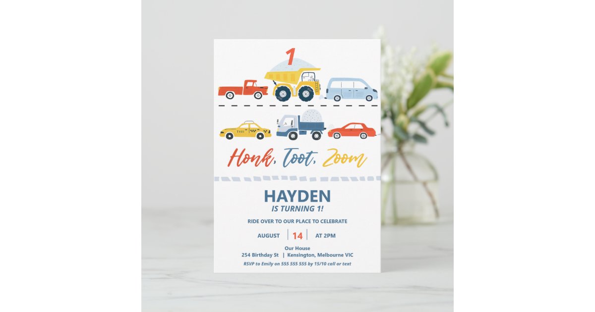 Modern Colorful Honk Toot Zoom Transport Birthday Invitation | Zazzle