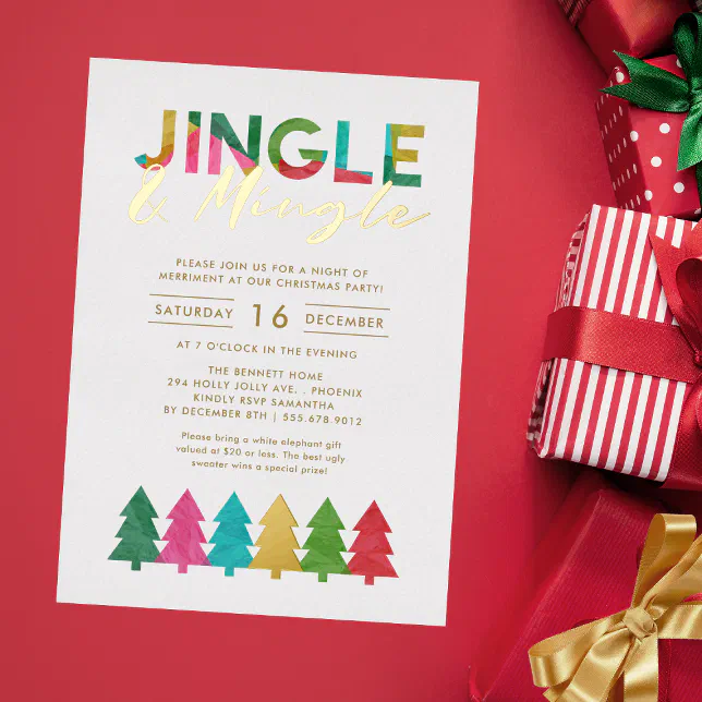 Modern Colorful Jingle and Mingle Christmas Party Foil Invitation | Zazzle