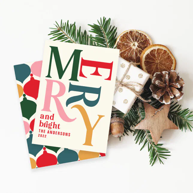 Modern Colorful “Merry & Bright” Retro Typography Announcement | Zazzle