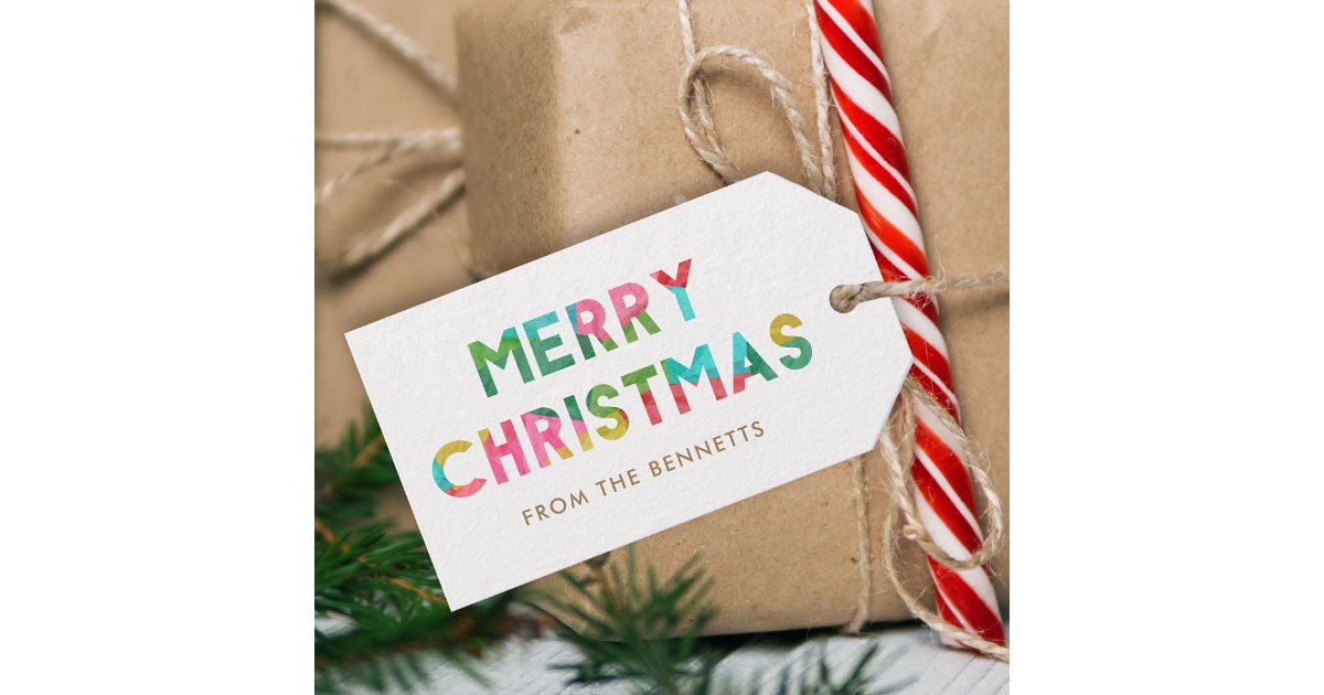 Modern Colorful Merry Christmas Name Gift Tags | Zazzle