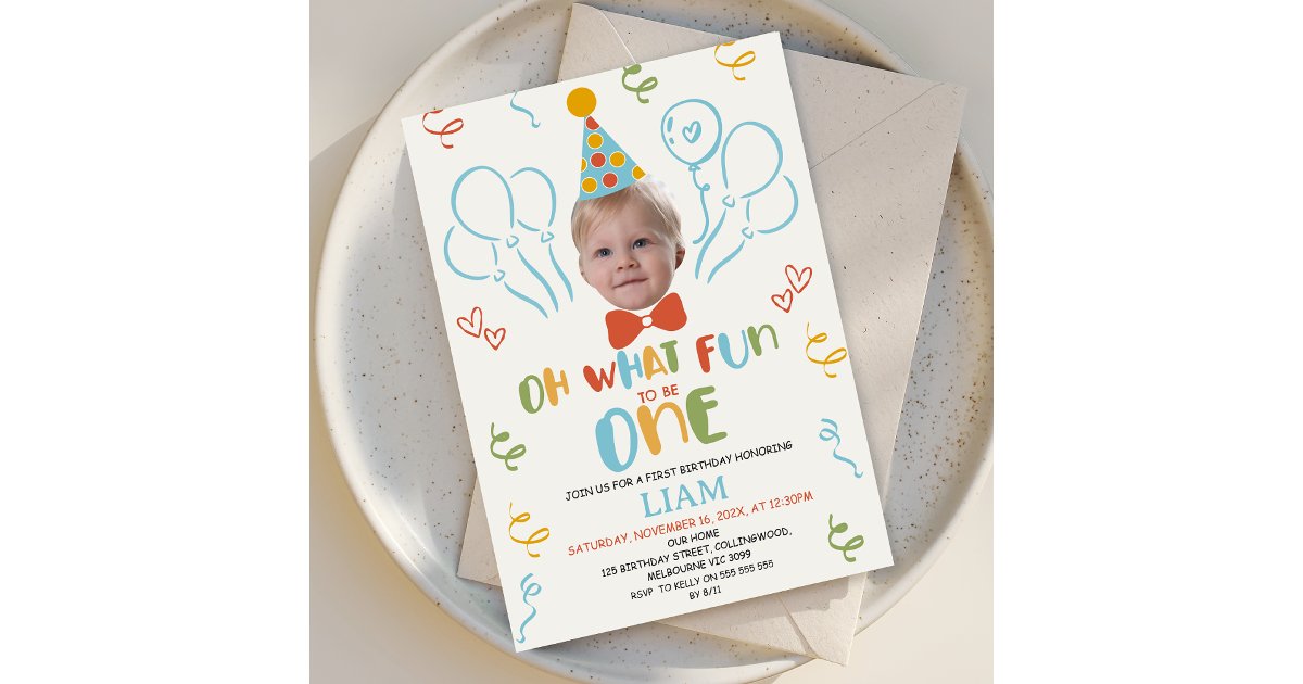 Modern Colorful Photo What Fun To be One Birthday Invitation | Zazzle