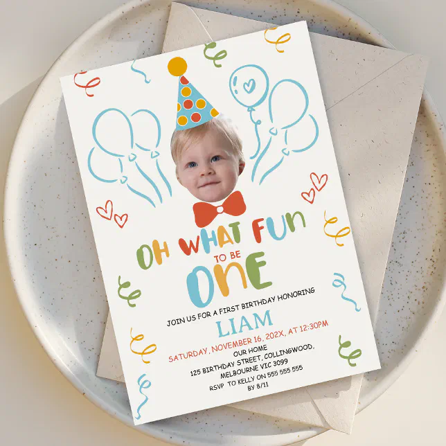 Modern Colorful Photo What Fun To be One Birthday Invitation | Zazzle