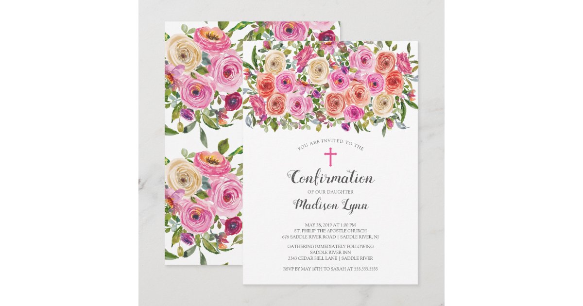 Modern Colorful Pink Floral Confirmation Invitation | Zazzle