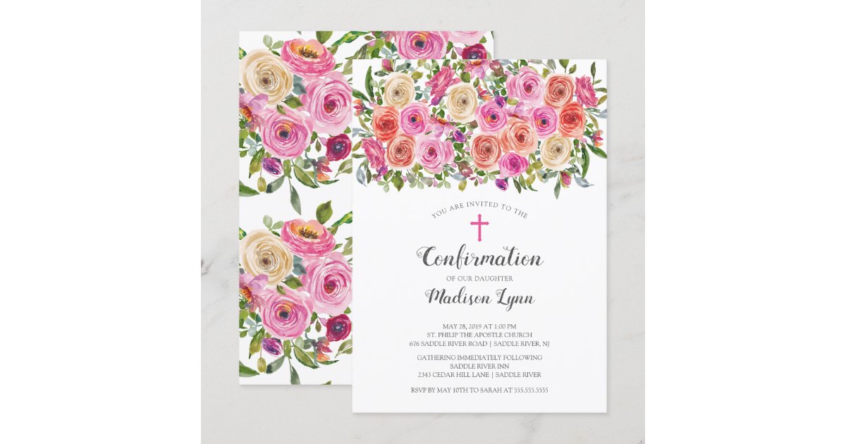 Modern Colorful Pink Floral Confirmation Invitation | Zazzle