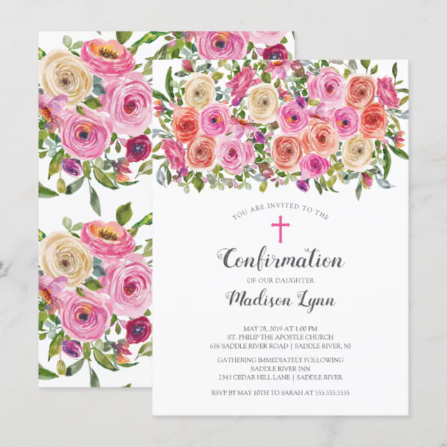 Modern Colorful Pink Floral Confirmation Invitation | Zazzle