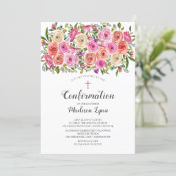 Modern Colorful Pink Floral & Cross Confirmation Invitation | Zazzle