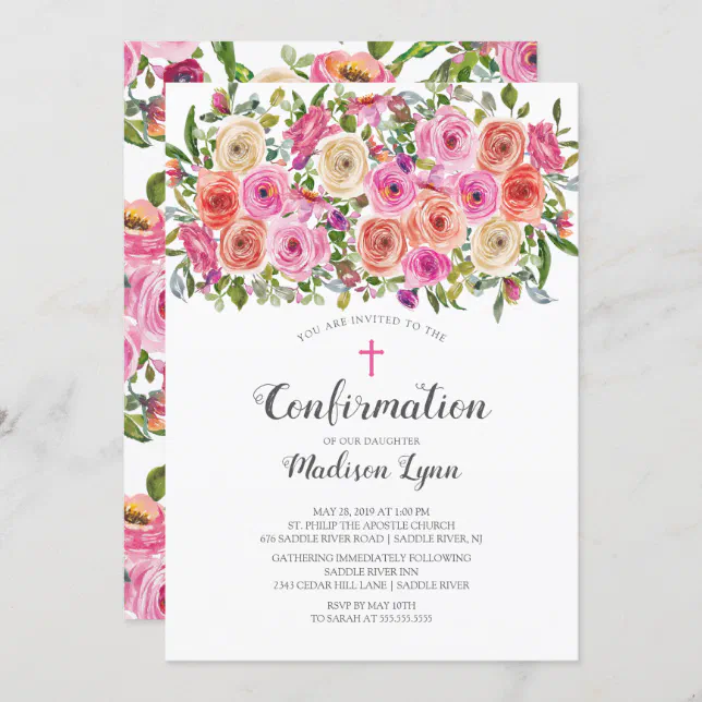 Modern Colorful Pink Floral & Cross Confirmation Invitation | Zazzle