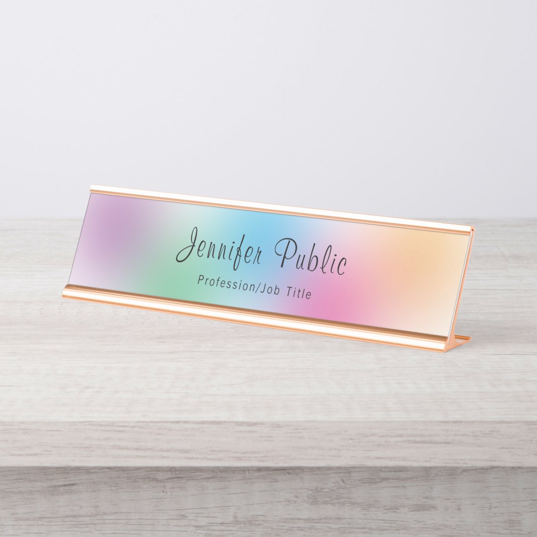 Modern Colorful Rainbow Elegant Template Rose Gold Desk Name Plate | Zazzle