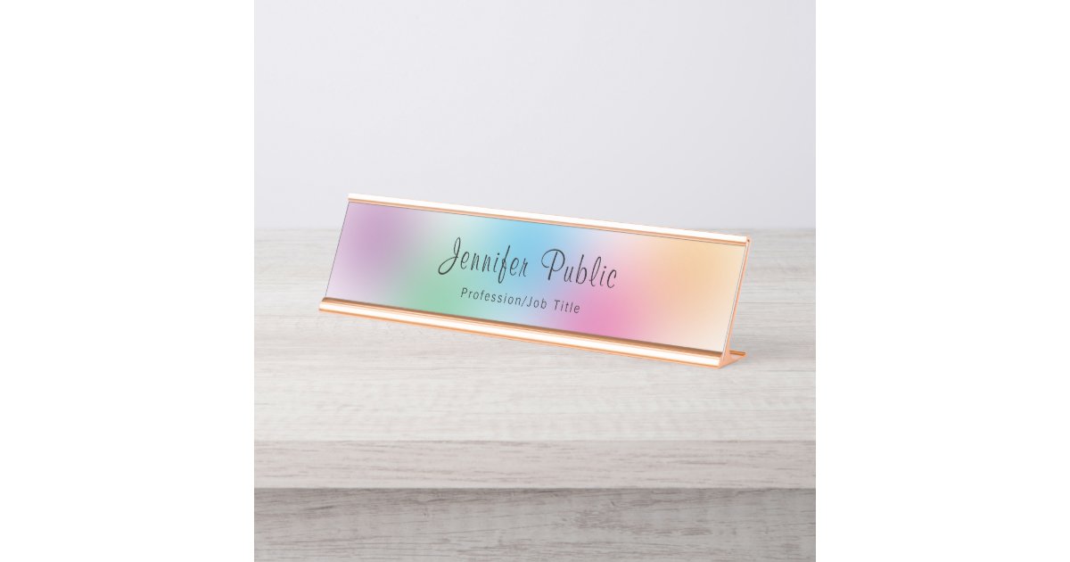 Modern Colorful Rainbow Elegant Template Rose Gold Desk Name Plate | Zazzle