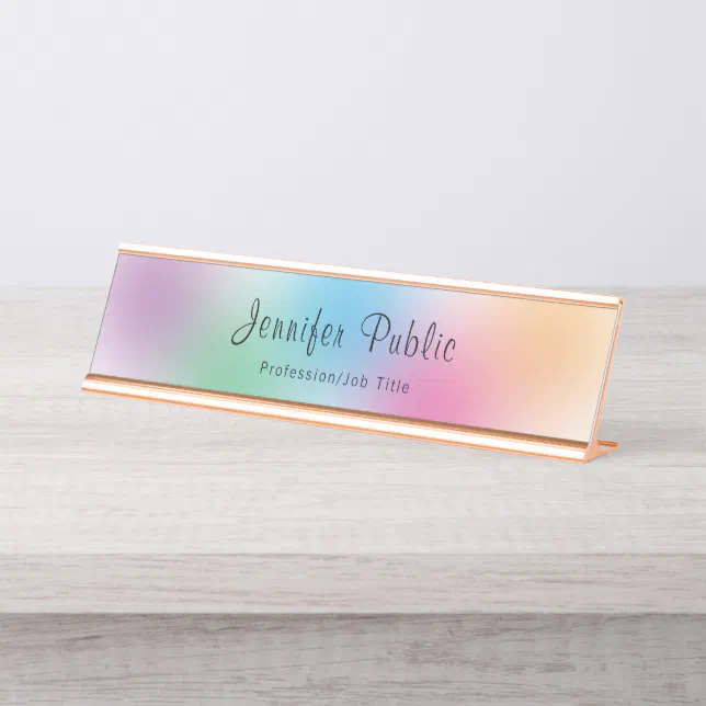 Modern Colorful Rainbow Elegant Template Rose Gold Desk Name Plate | Zazzle