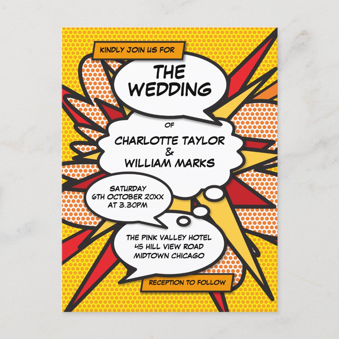 Modern Comic Book Pop Art Wedding Invitation Postcard | Zazzle