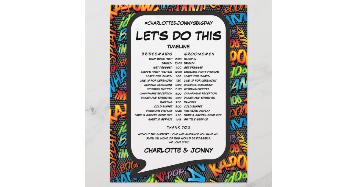 Modern Comic Book Wedding Schedule Timeline | Zazzle