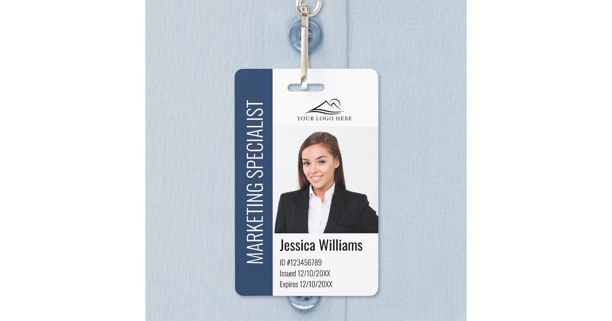 Modern Company Employee Photo Logo Name Blue ID Badge | Zazzle