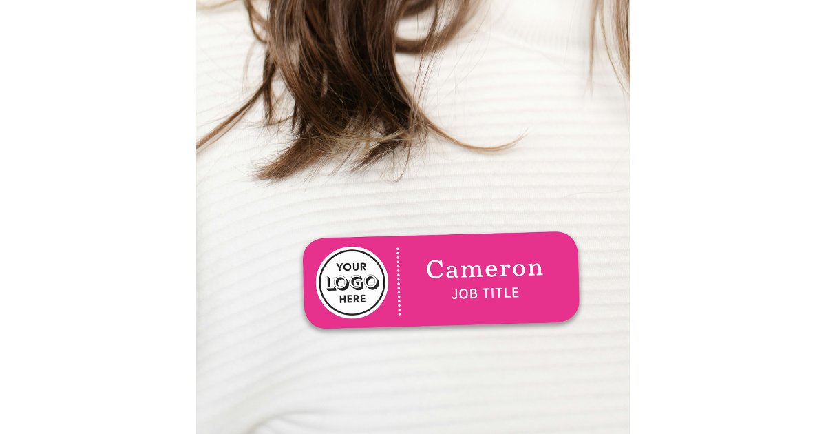 Modern Company Logo Hot Pink Employee Name Tag | Zazzle